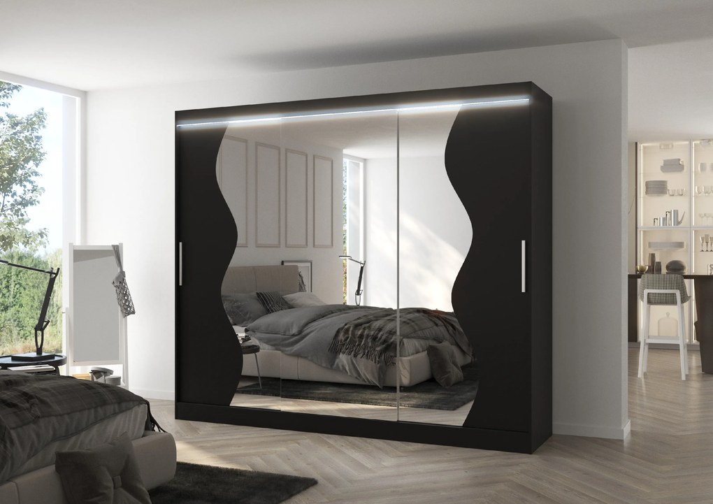 ADRK Furniture Posuvná skříň se zrcadlem a LED osvětlením SHARON 250 SW-SHA-B-250+L-V398