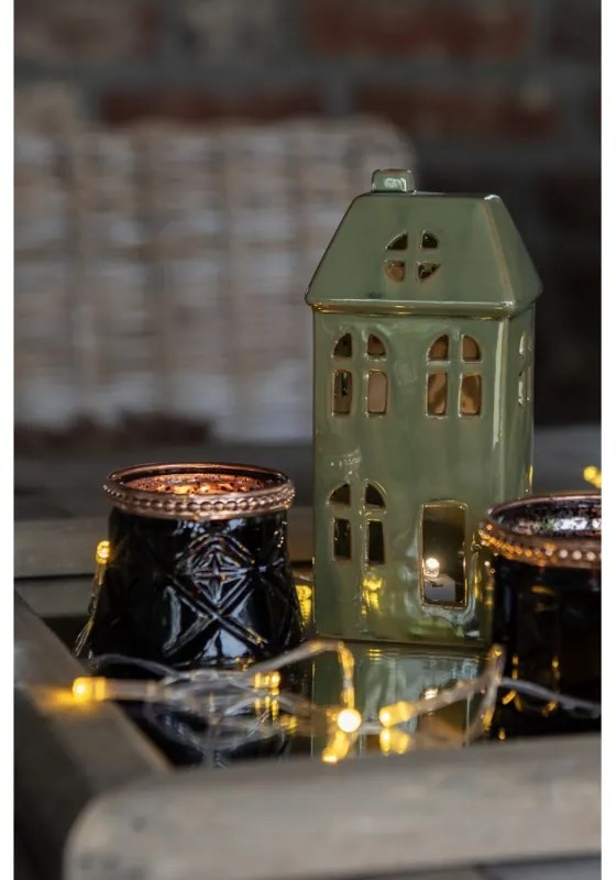 Černý skleněný svícen na čajovou svíčku se zlatým okrajem a bublinami – 8x6 cm