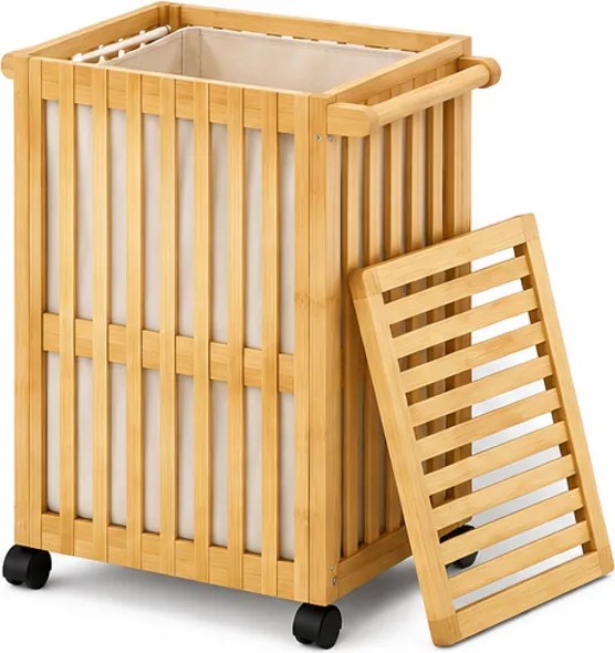 koš na prádlo, 2x80 l, kolečka, bambus/látka, 71x43x43 cm, přírodní/krémová, Dekorino KP20260008