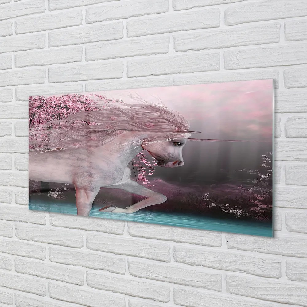 akrylový obraz Unicorn stromy jezero 140x70 cm