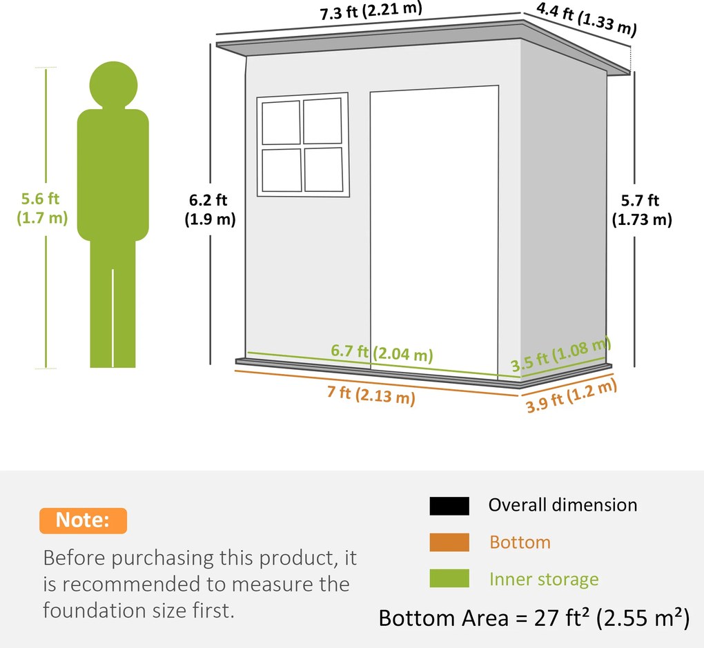 Zahradní Kůlna Outsunny 2,55m², Kůlna s Pultovou Střechou, 221 x 133 x 190/173 cm, Nářaďová Kůlna s Zamykatelnými Dveřmi, Okno, Garáž na Kolo, Ocelov…