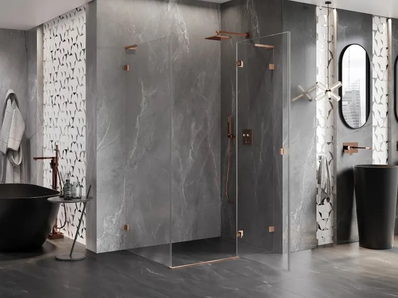 Mexen Lunar L, výklopný sprchový kout pravý 80 x 90 cm, 8mm čiré sklo, měděný matný profil, 834L-080-090-65-00-P