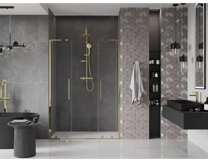 Mexen Velar L Duo, posuvné sprchové dveře do otvoru 160 cm, 8mm čiré sklo, zlatá lesklá, 871-160-003-02-50