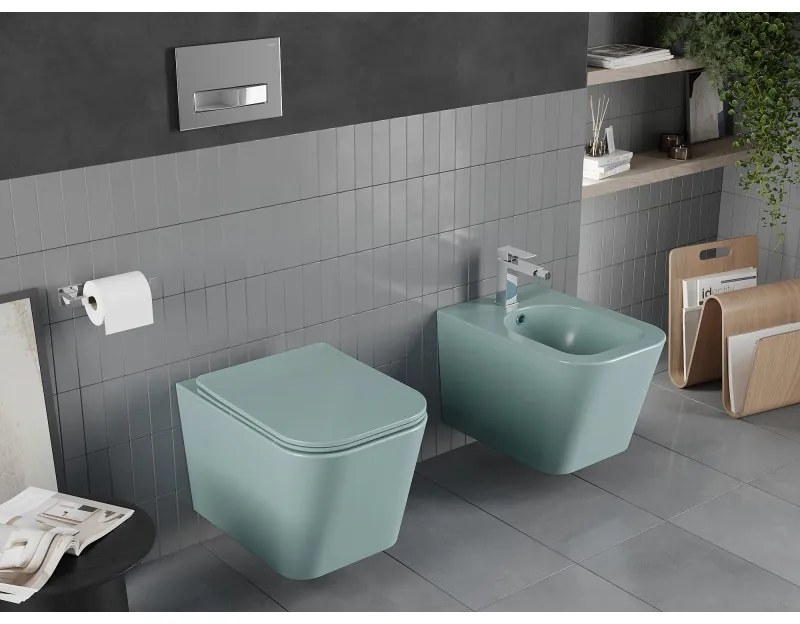 Mexen Teo WC mísa Rimless s pomalu padající deskou slim, duroplast, Světle matová zelená - 30854048