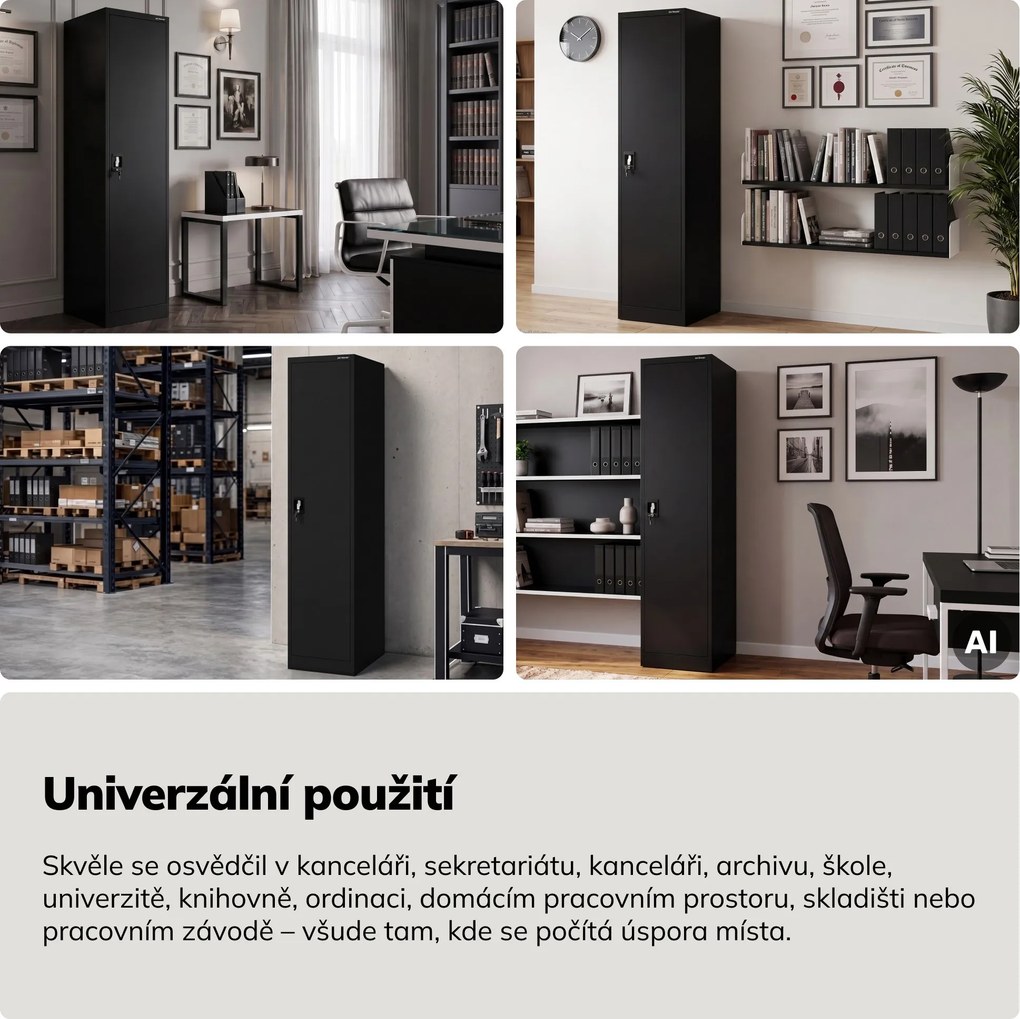 Skříň na spisy kartotéková na klíč černá, 450x1850x600 mm: ALEX D600