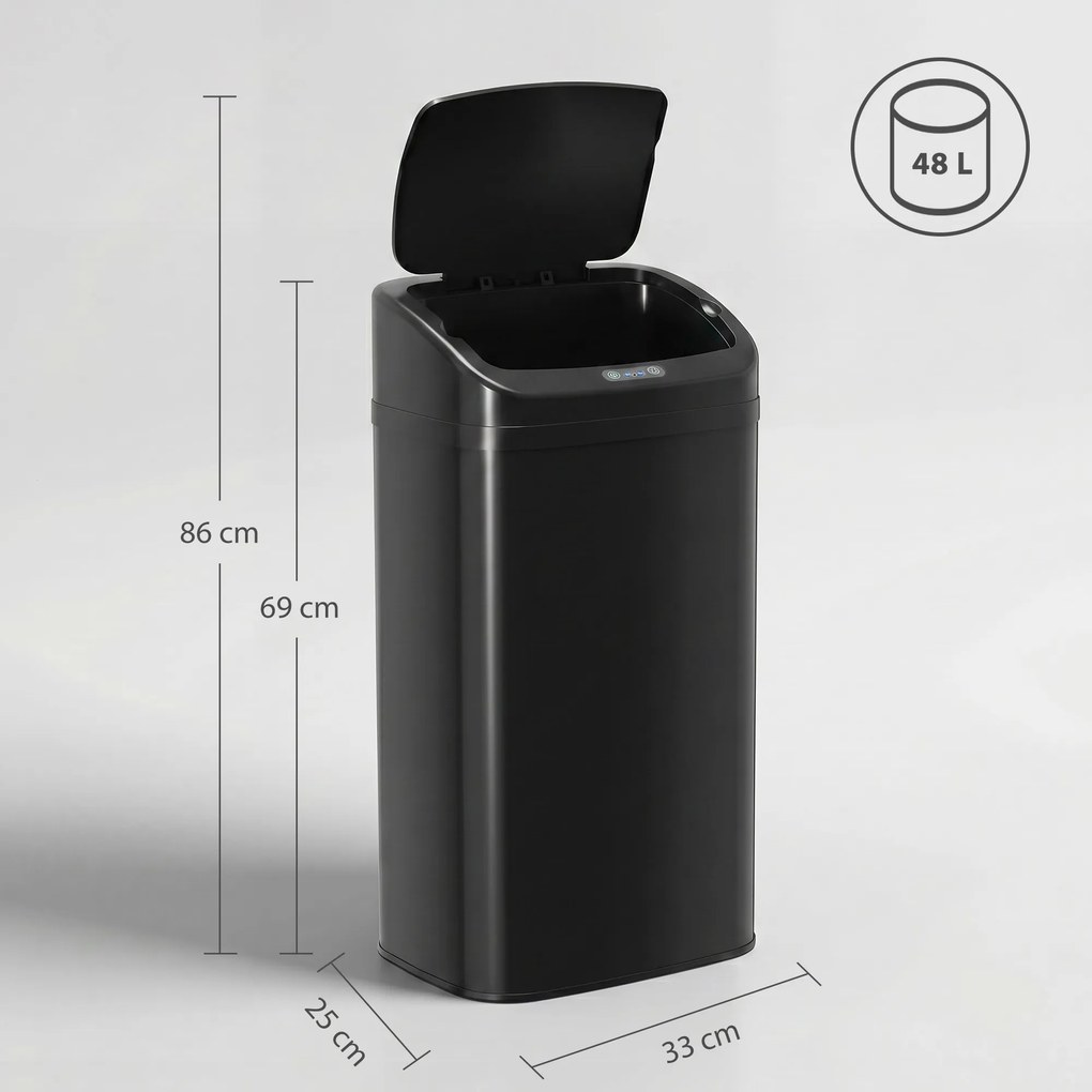 HOMCOM 48l senzorem řízený odpadkový koš pro kuchyň nebo kancelář, automatická uzavírací funkce, nerezová ocel, černý