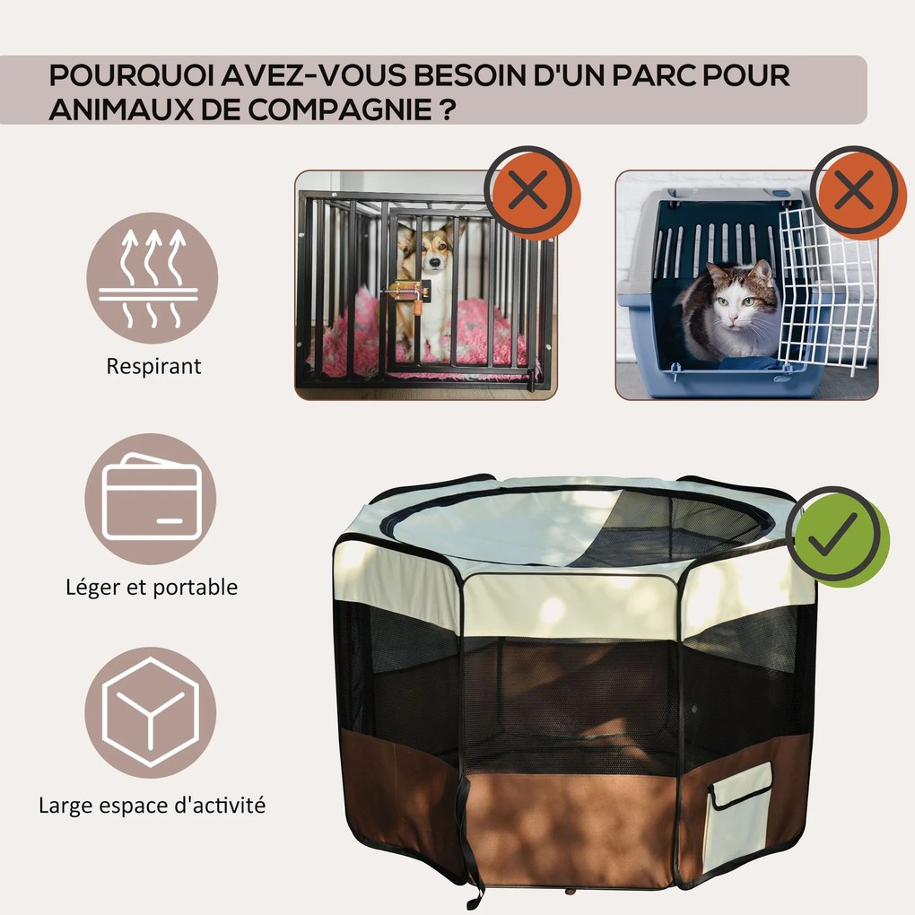 PawHut Skládací osmiúhelníkový výběh pro kočky a malé zvířata z oxfordské látky a oceli - rozměry Ø 117 x 76H cm - béžovo-hnědý