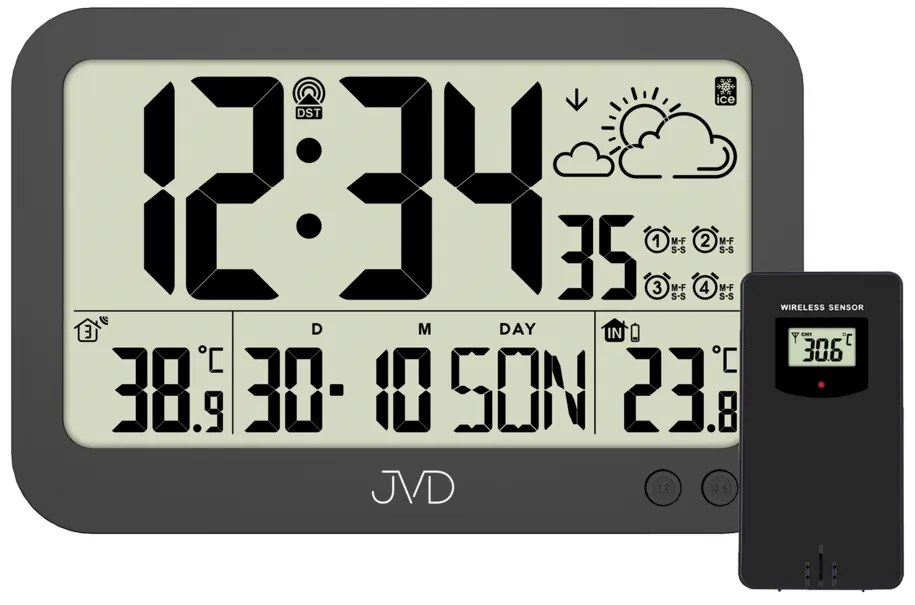 JVD Digitální černé rádiem řízené hodiny (budík) JVD RB3565.1  s předpovědí počasí