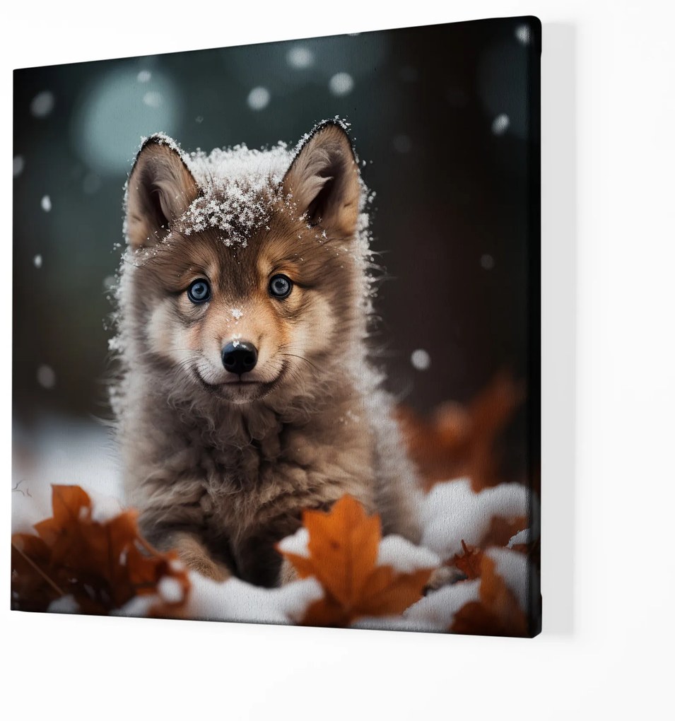 Obraz na plátně - Mládě vlka vyčkává ve sněhu FeelHappy.cz Velikost obrazu: 120 x 120 cm