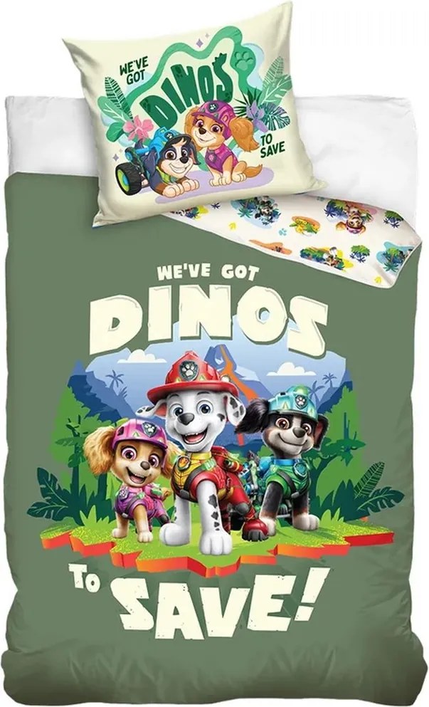 Bavlněné ložní povlečení Tlapková patrola – Paw Patrol - motiv Záchrana dinosaurů - 100% bavlna Renforcé - 70x90 cm + 140x200 cm