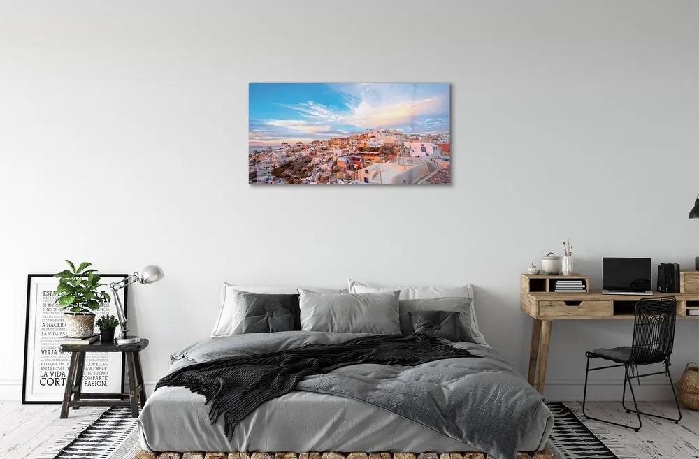 Obraz na skle Řecko panorama města západu slunce 140x70 cm