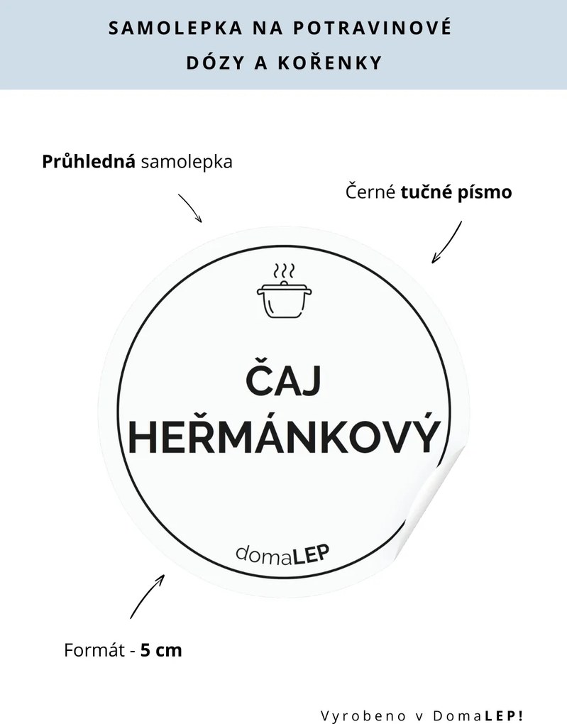 ČAJ HEŘMÁNKOVÝ – průhledná samolepka na dózu, tučné písmo, 5 cm | DomaLEP