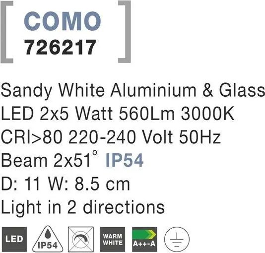NV 726217 Venkovní nástěnné svítidlo COMO bílý hliník a sklo LED 2x5W 3000K 220-240V 2x51st. IP54 světlo ve dvou směrech - NOVA LUCE
