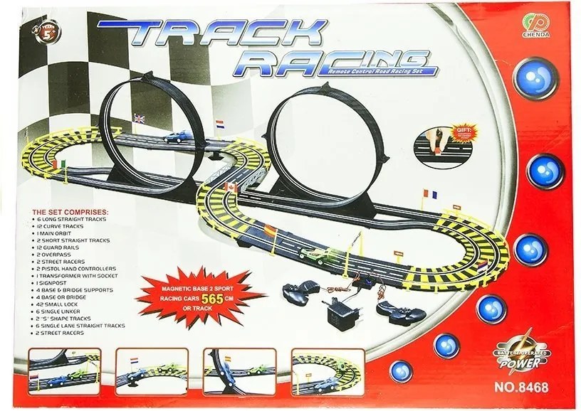 LEAN Toys Autodráha Track Racing – dvě autíčka, smyčky, napájecí zdroj, 565 cm