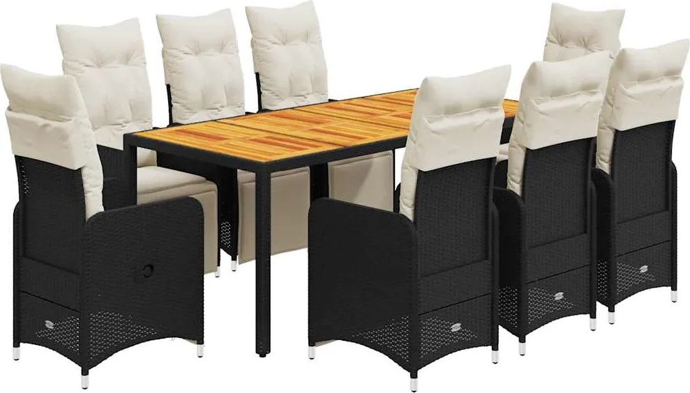 9dílný zahradní bistro set s poduškami černý polyratan 3277132
