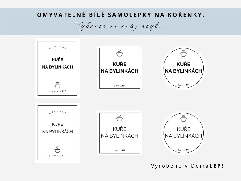 KUŘE NA BYLINKÁCH - omyvatelná samolepka na kořenky, výběr rozměrů Ø 5 cm / 5 x 5 cm / 6 x 8 cm | DomaLEP tvar: OBDÉLNÍK, barva: BÍLÁ - ČERNÉ písmo, velikost: š. 6 cm x v. 8 cm - tučné písmo