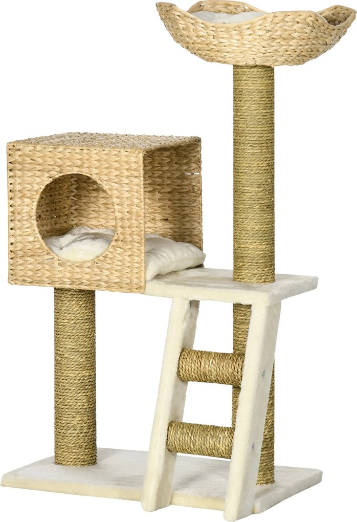 PawHut škrabadlo 100,5 cm s kočičí jeskyní, pelíškem, schody a sisalovými škrabadly, pro kočky do 4,5 kg, Přírodní
