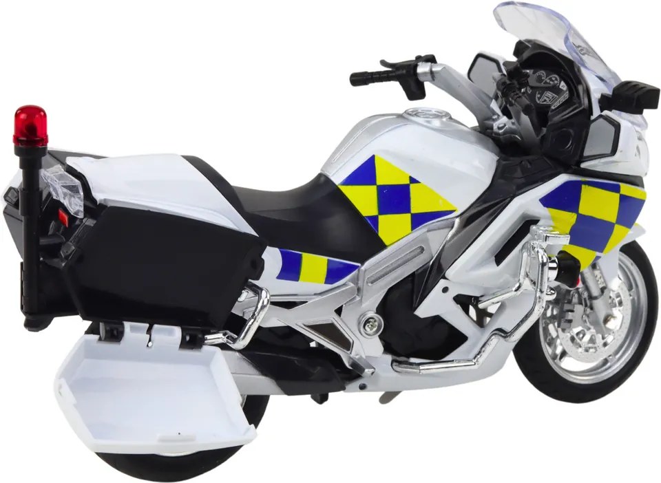 LEAN Toys Policejní motocykl z kovu se světly a zvuky, bílý, měřítko 1:12
