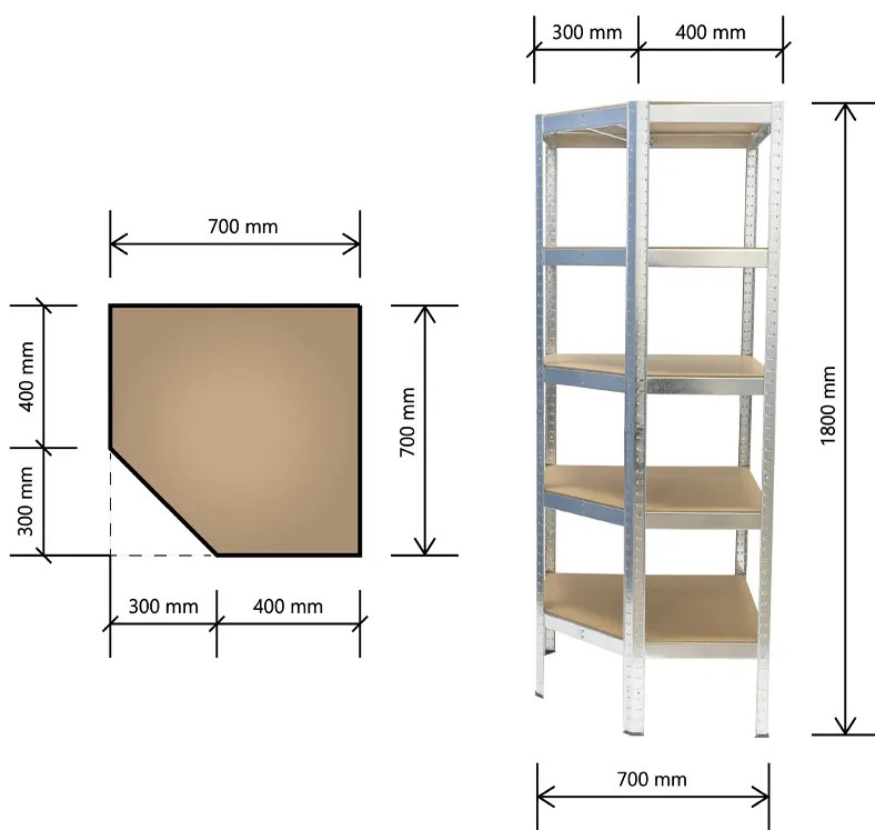 Rohový policový regál | 5 polic | 700 x 700 x 1800 mm Matabro MB-SH03