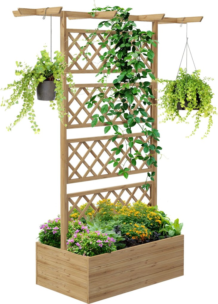 Outsunny Květináč s treláží pro popínavé rostliny, zeleninu a květiny - předolejované smrkové dřevo, rozměry 160L x 55Š x 183V cm, efekt přírodního dř