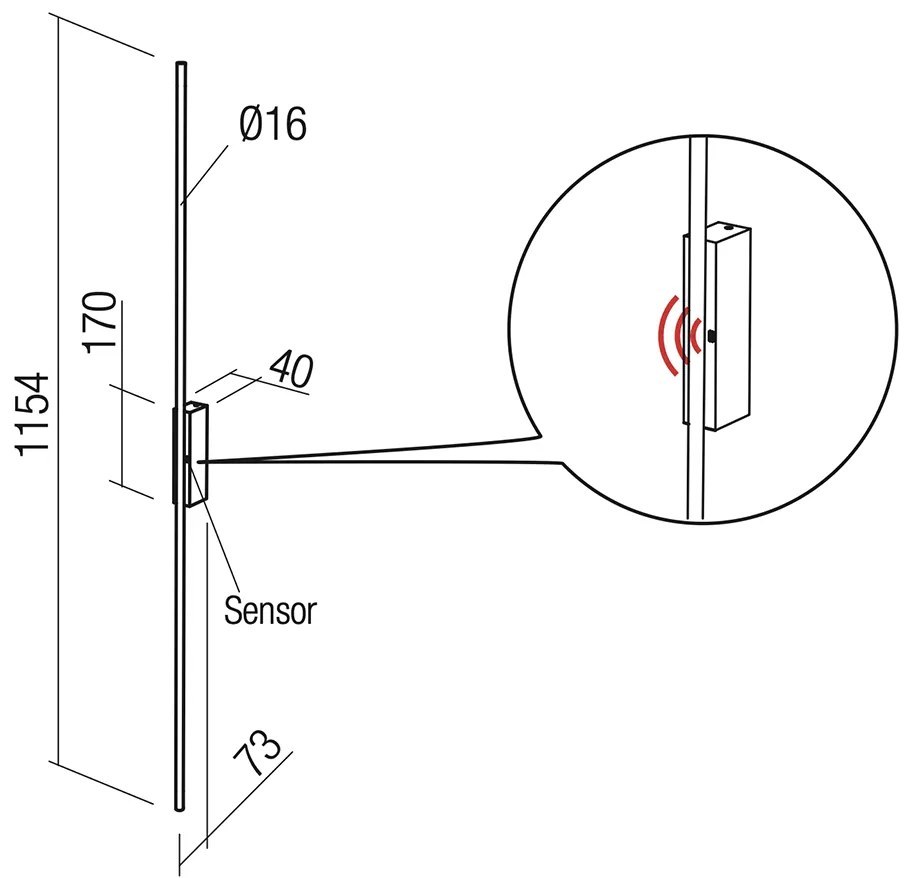 Redo 01-2791 nástěnné LED svítidlo se senzorem pohybu Stick černé, 24W, 3000K, 115cm