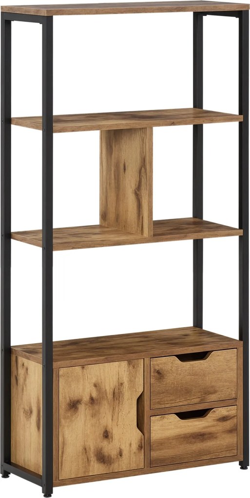HOMCOM Knihařský regál s kabinetem a 2 úložnými šuplíky, průmyslový styl, 58x24x122 cm, rustikální hnědá | Aosom