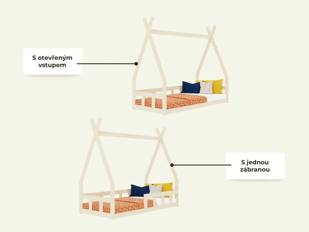 Benlemi Domečková nízká postel FENCE 6v1 ve tvaru teepee se zábranou Zvolte barvu: Béžová, Zvolte rozměr: 90x160 cm, Zvolte zábranu: S jednou zábranou