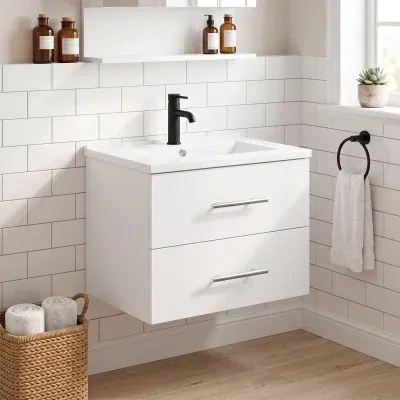 HOMCOM spodní skříňka pod umyvadlo pro montáž na stěnu koupelnová skříňka s keramickým umyvadlem 60 cm bílá