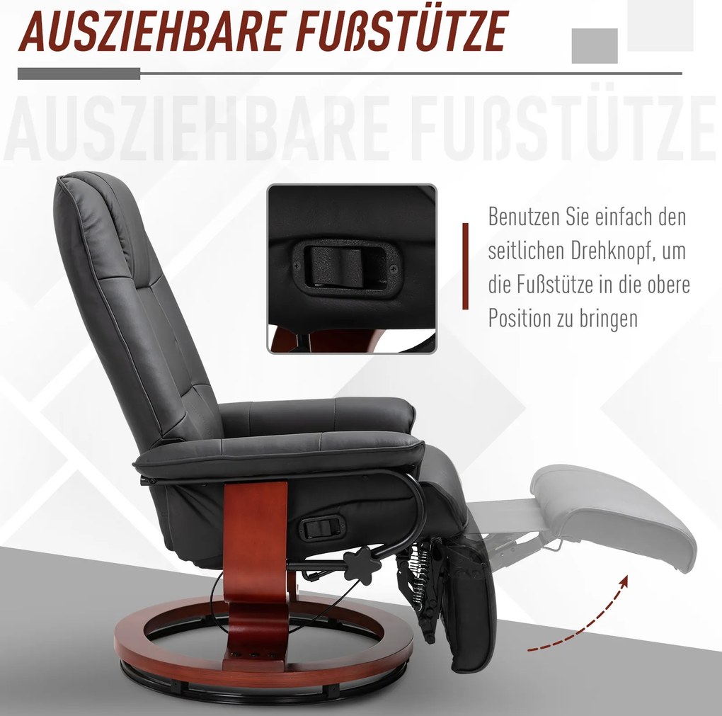 HOMCOM polohovací křeslo s podnožkou z imitace kůže 360° otočné křeslo dřevěná podnož černá 145° naklápěcí 78 x 87 x 100 cm