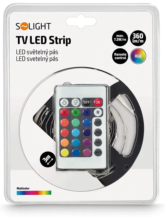 SOLIGHT LED RGB pásek 3m, sada s 12V adaptérem a dálkovým ovladačem, 7,2W/m, IP20