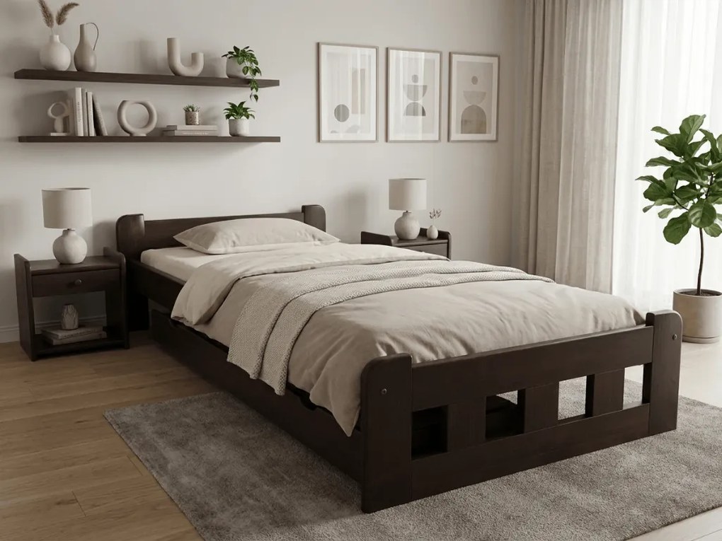 Postel Naomi zvýšená 90 x 200 cm, ořech Rošt: S laťkovým roštem, Matrace: Matrace Deluxe 10 cm