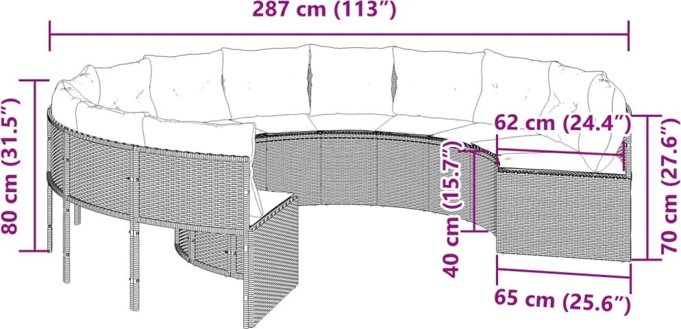 Zahradní pohovka s poduškami kulatá béžová polyratan 3318542