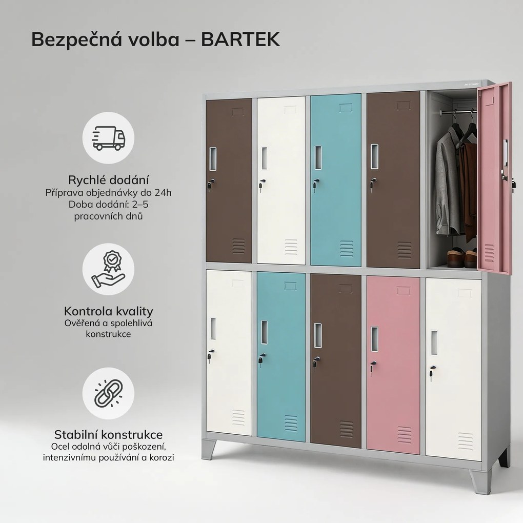 Skříň OBP oděvní 10-dveřová šedo-pastelová: BARTEK 1360 x 1720 x 450 mm