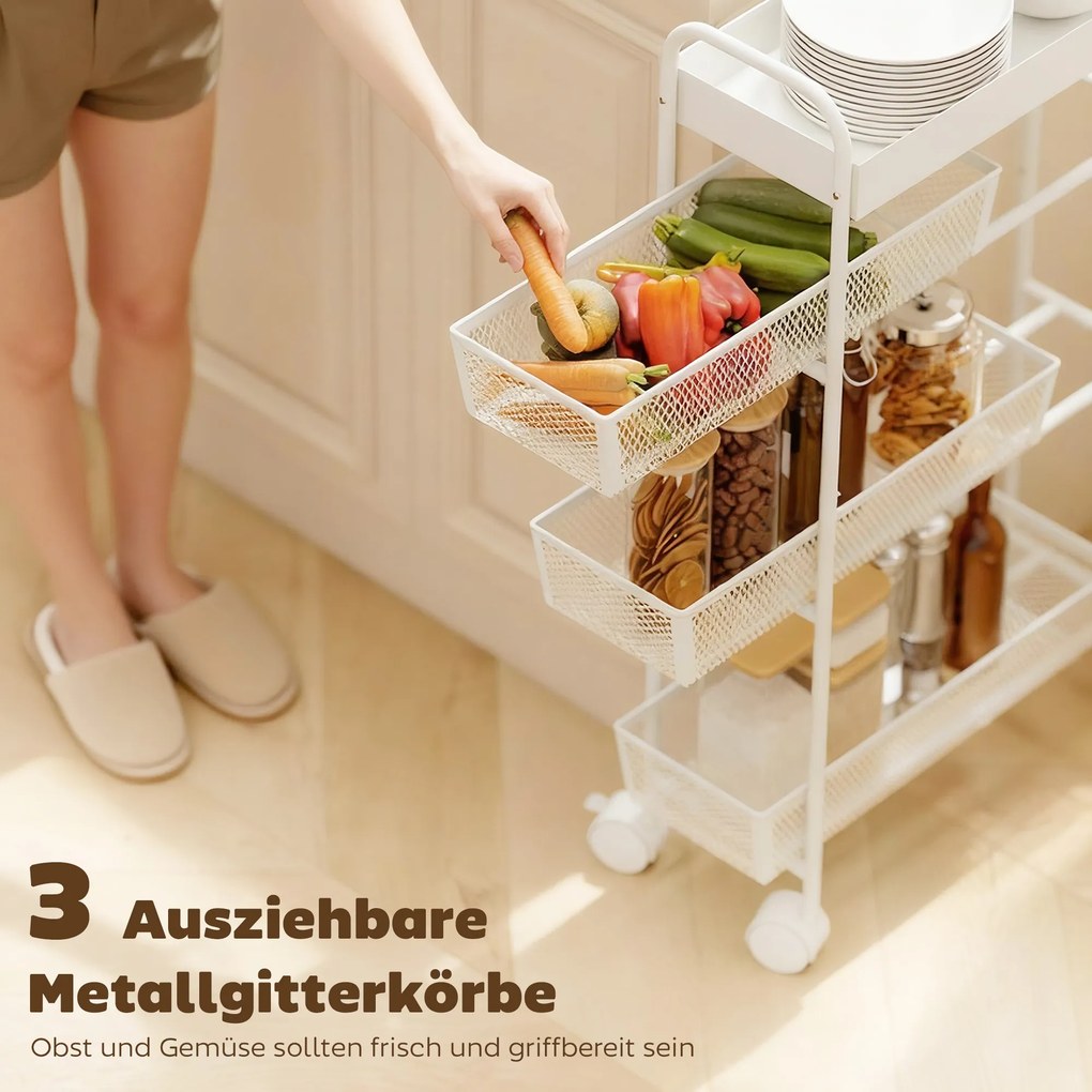 HOMCOM Kuchyňský vozík z kovu, 3 koše, úzký design, 4 kola, pro kuchyň, obývací pokoj, koupelnu, bílý