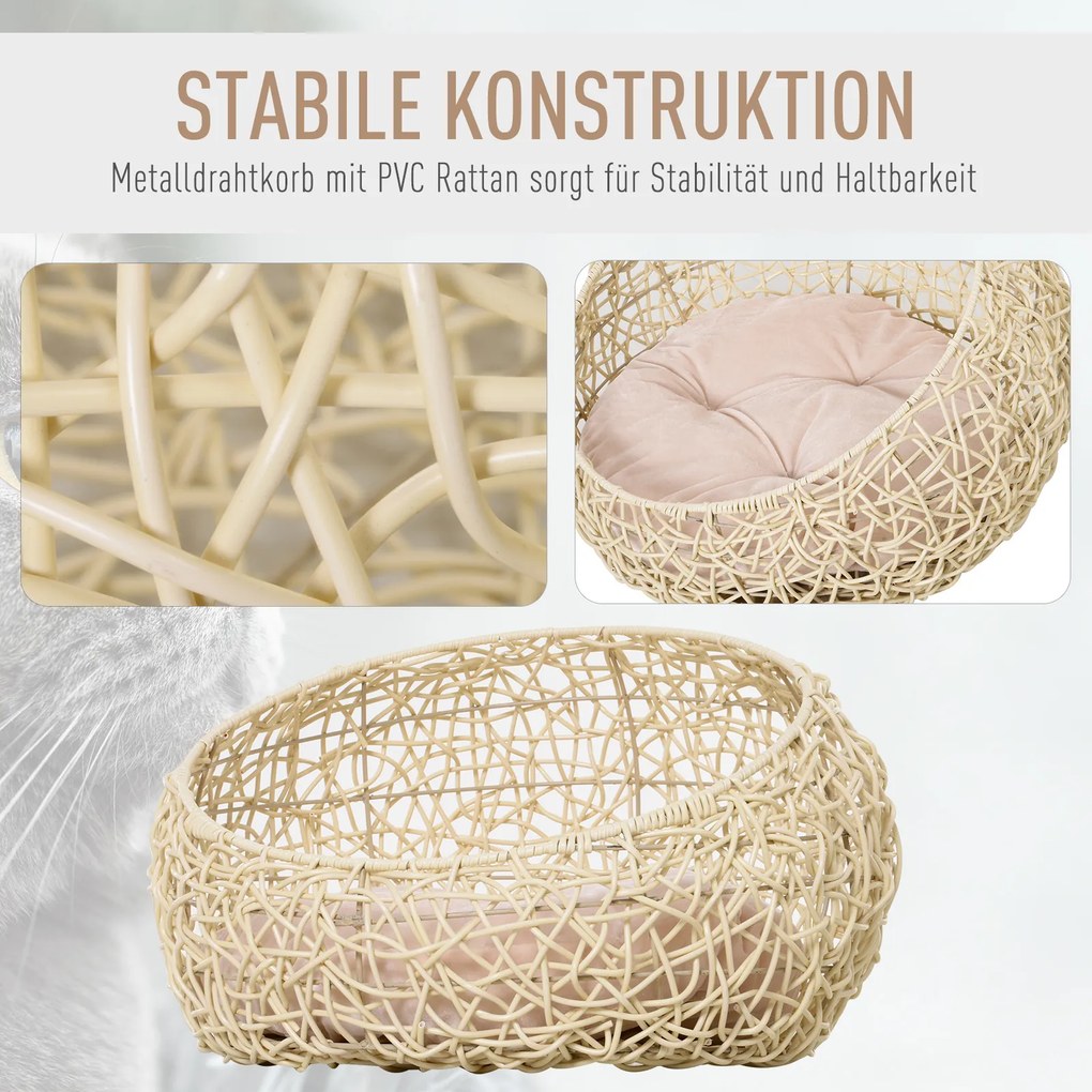 PawHut ratanový pelíšek pro kočky Pohodlná jeskyně pro kočky s polštářem Koš pro kočky a pelíšek pro psy Béžová Ø56x35cm pro kočky a malé psy