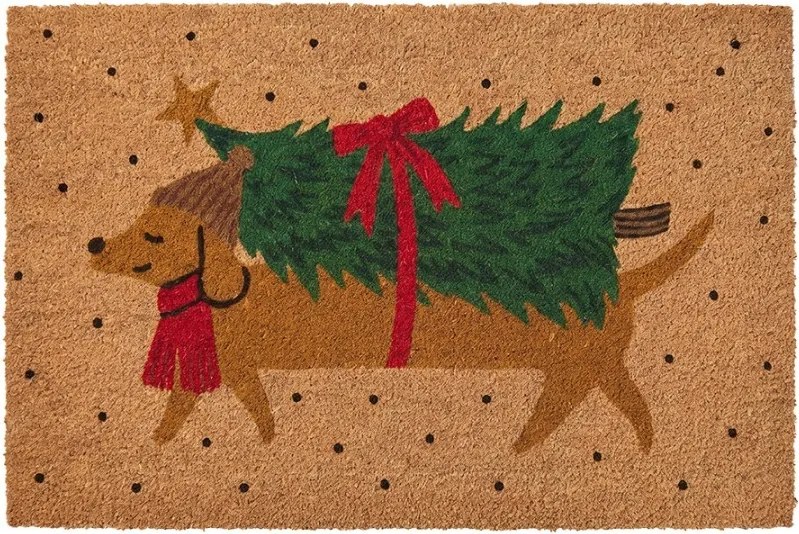 Hnědá kokosová rohožka s jezevčíkem a stromkem Christmas - 75*45*1 cm