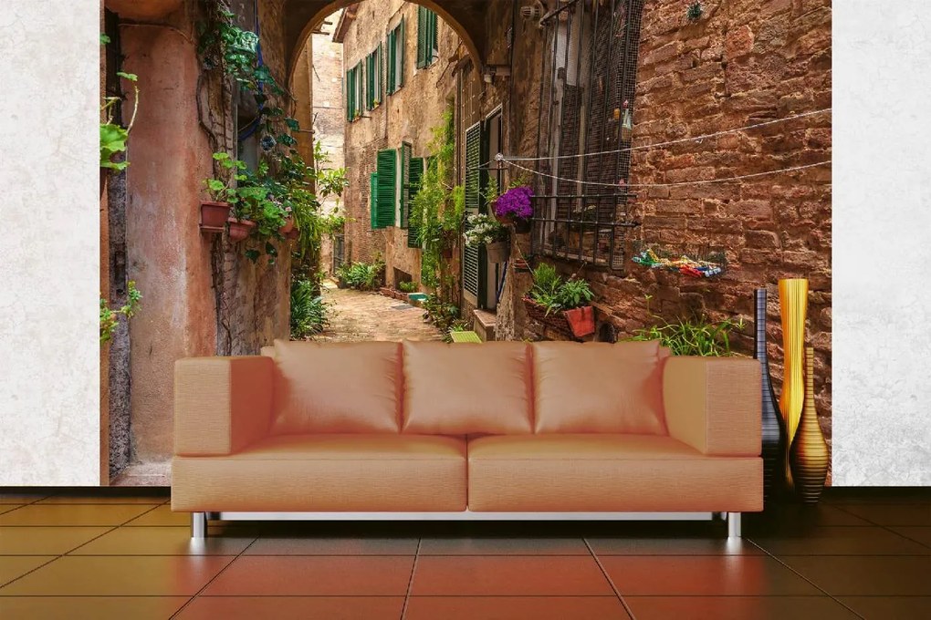 DIMEX | Samolepicí vliesová fototapeta na zeď Skrytá ulice v Itálii MA-5-1224 | 375 x 250 cm | zelená, oranžová, hnědá