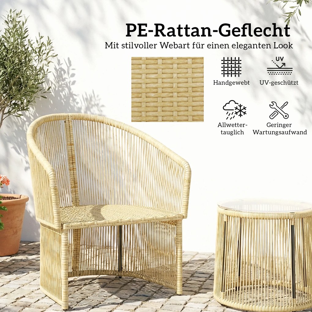 Ratanový bistro set, 3dílná sada zahradního nábytku s kulatým skleněným stolem, křesly a polštáři, krémově bílá barva