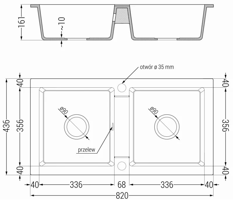 Mexen Mario 2-miskový granitový dřez 820 x 436 mm, Černá/Zlatá kovová, sifon Zlatá - 6504822000-75-G