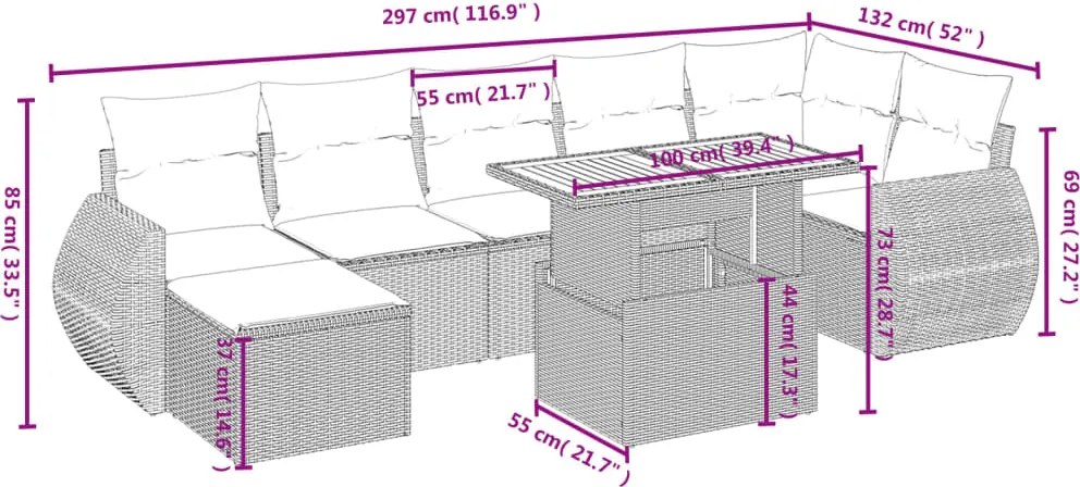 8dílná zahradní sedací souprava s poduškami šedá polyratan 3275825