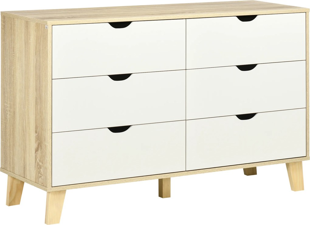 HOMCOM 6 zásuvková komoda v severském stylu s dřevěnými nohami, úložná jednotka pro ložnici a obývací pokoj, 120 x 40 x 76 cm, dřevo a bílá