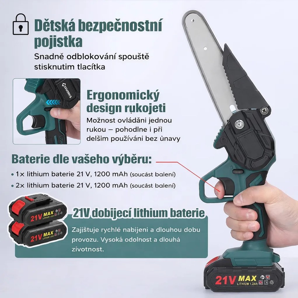 Mini akumulátorová řetězová pila 6" – 21V, 1.2Ah
