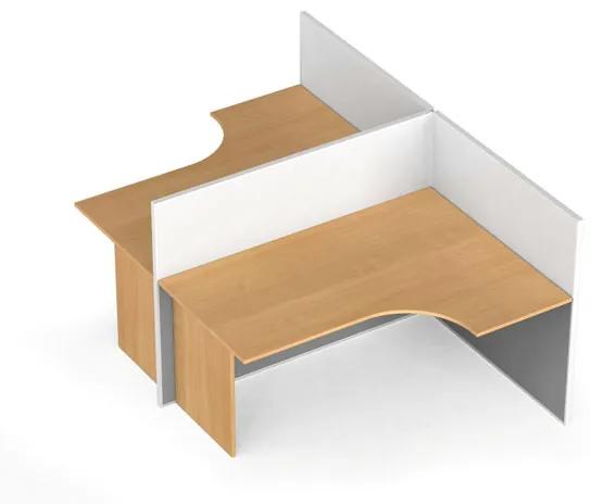 Rohový kancelářský pracovní stůl PRIMO s paravany, tvar T, magnetická tabule, 2 místa, bříza