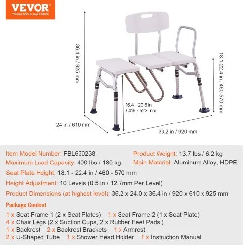 Překládací lavice do vany Sprchové sedátko pro seniory výškově nastavitelné 181,4 kg