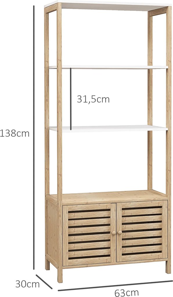 HOMCOM Bambusová koupelnová police se 3 otevřenými policemi a skříňkou se žaluziovými dveřmi 63x30x138 cm