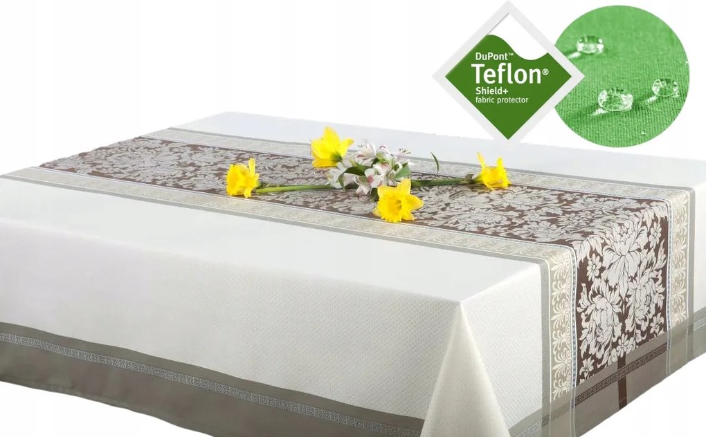 Skvrnitý ubrus teflon 140x300 elegantní krémově hnědý s elegantním vzorem