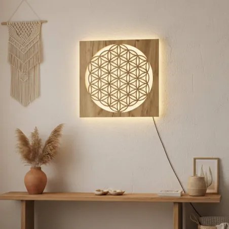 Dřevěná mandala Květ života s LED podsvícením obraz na zeď | SENTOP LED0168