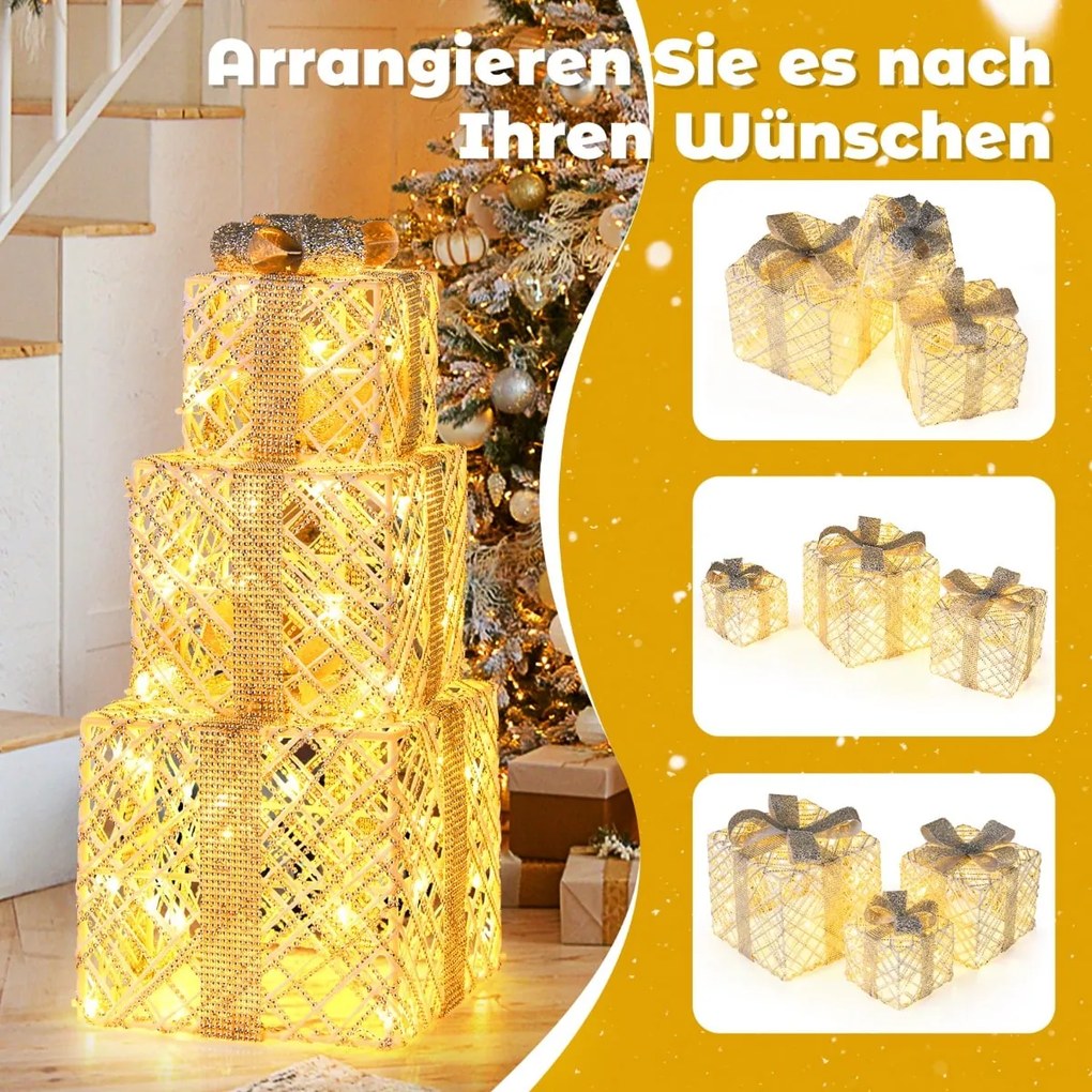 Costway Sada 3 dárkových krabiček LED s 48 Teplými bílými LED světly
