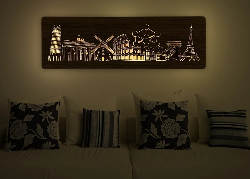Li-Go "Evropské památky" světelný obraz 230V 130x40 cm provedení povrchu: dub světlý