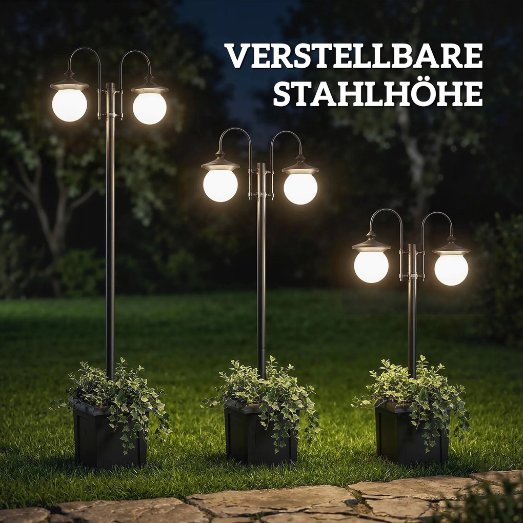 Outsunny Solární lucerna stojací lampa, výška nastavitelná 182 cm, venkovní zahradní lucerna se 2 hlavami, květináč, světelný senzor, vypínač, IP44